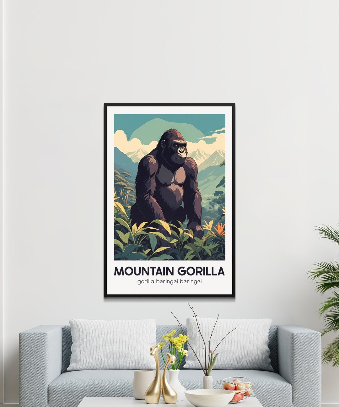 Vintage Mountain Gorilla Poster, Retro Wildlife Art Print, Endangered ...