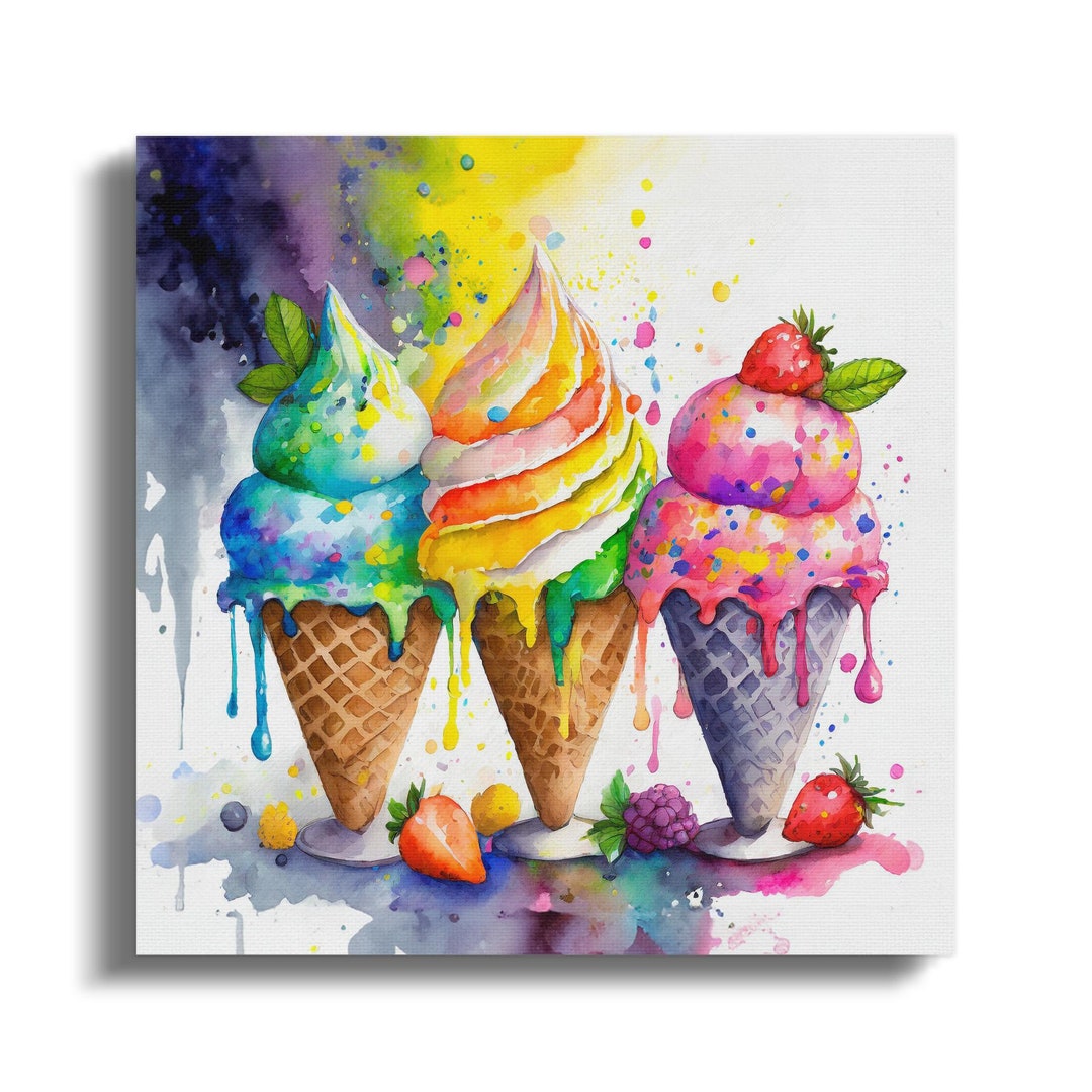 Custom Ice Cream Watercolor Print, Colorful Canvas Gallery Wrap ...