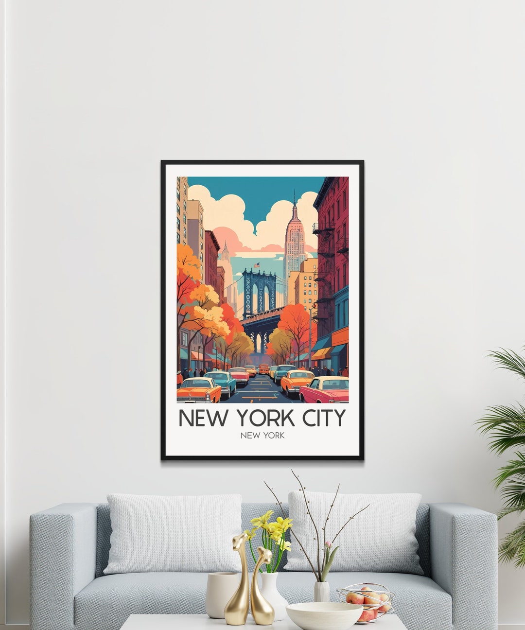 Vintage Retro Poster of New York City Featuring Iconic Brooklyn Bridge ...