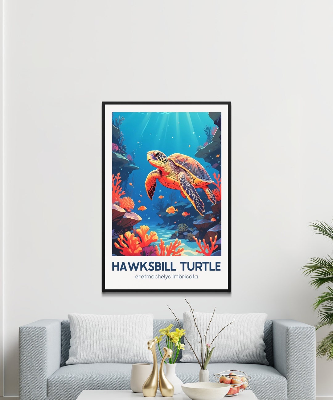 Vintage Hawksbill Turtle Poster, Ocean Wildlife Retro Wall Art ...