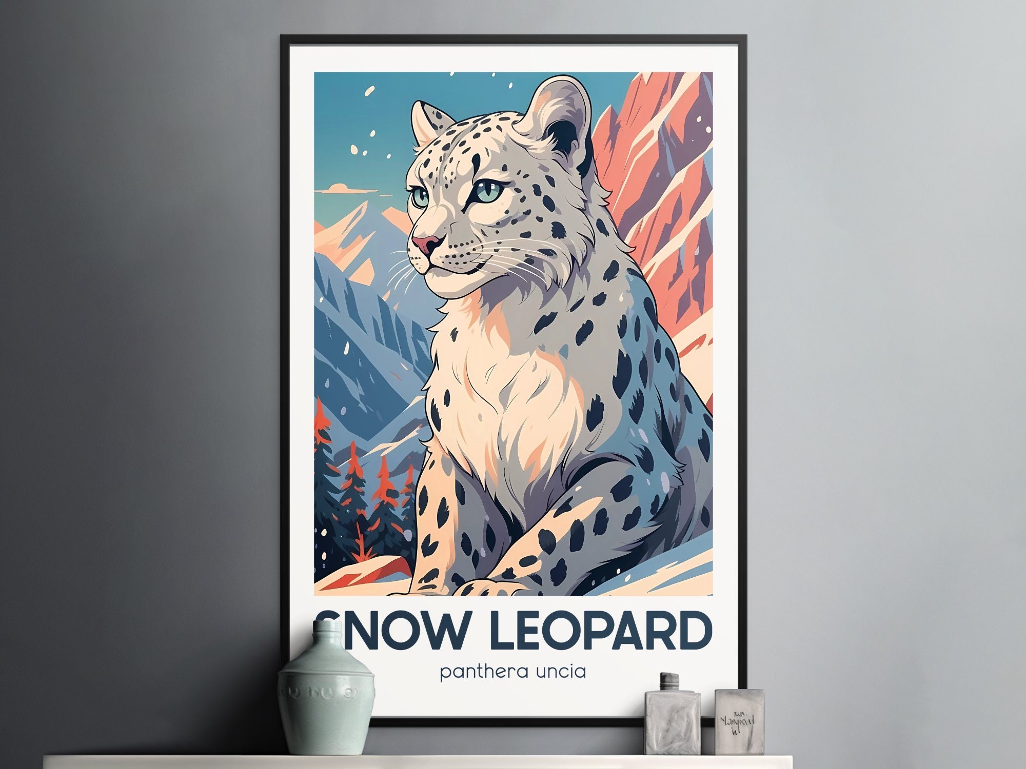 Snow Leopard Poster, Retro Style Wall Art, Endangered Species, Vintage ...