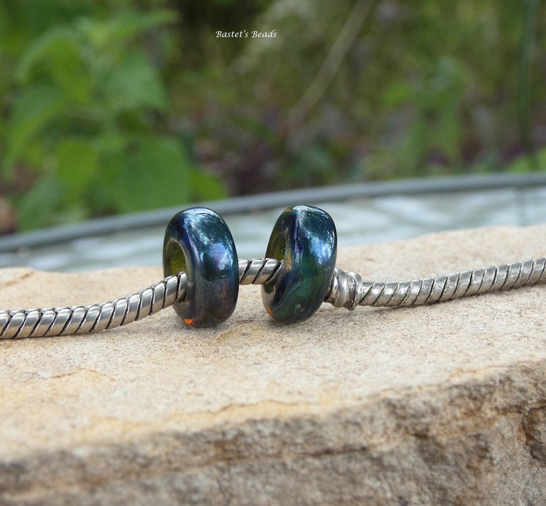 Big Hole Gold Bead Blue Red Luster Donut Dog Lead Beads Lampwork Pair ...