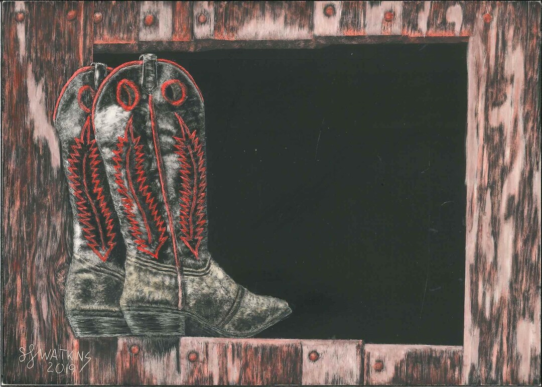 Waitin at the Barn Boots Signed Scratchboard by Artist Shayne Watkins 5 ...