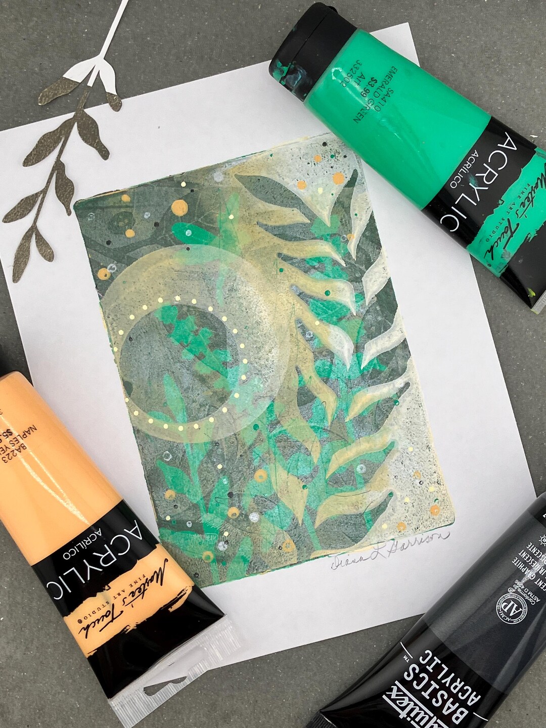 3-color Original Acrylic Monotype: Emerald Green, Naples Yellow ...