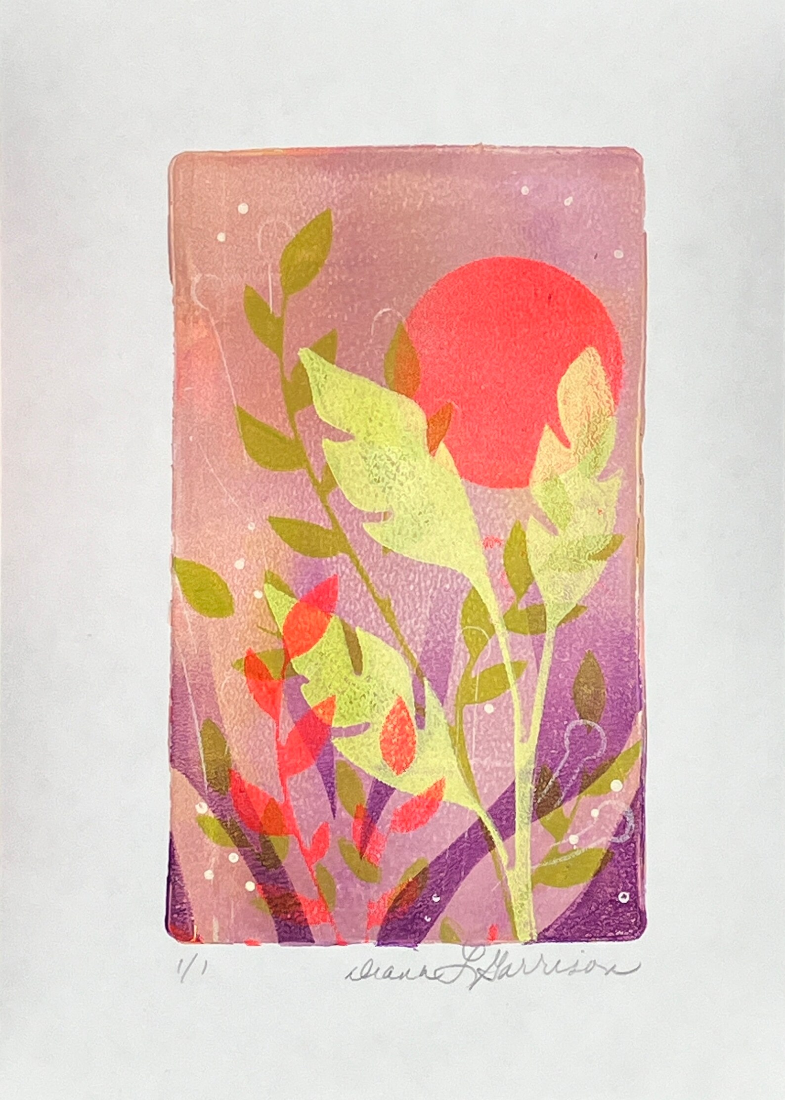 3 X 5 Original 3-color Monotype Lime Green, Fluorescent Pink, and Prism ...