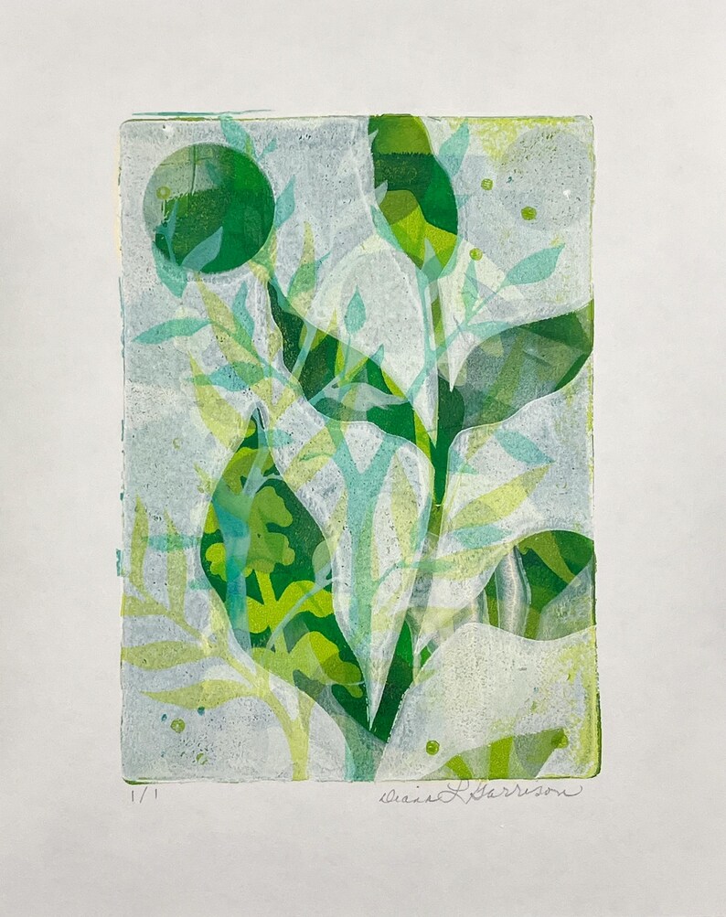 5 X 7 3-color Original Acrylic Monotype: Light Olive Green, Chrome ...