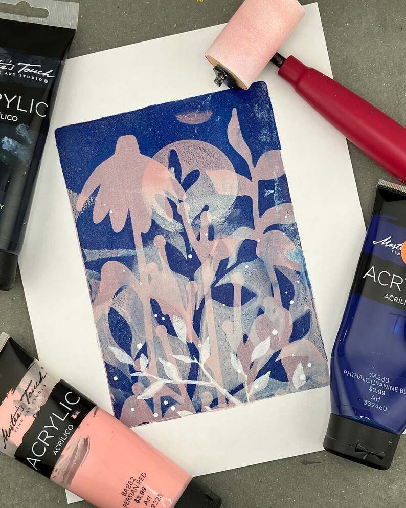 3-color Original Acrylic Monotype: Persian Red, Phthalocyanine Blue ...