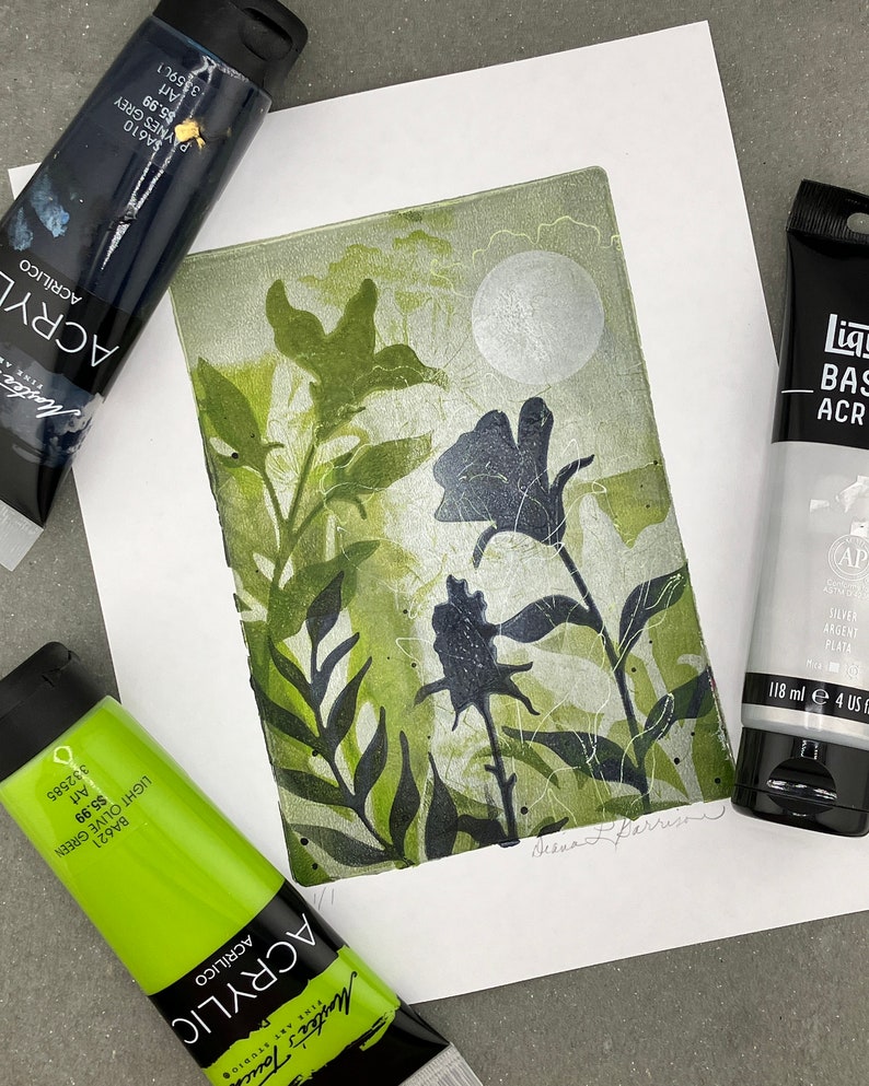 3-color Original Acrylic Monotype: Light Olive Green, Silver, Payne's ...