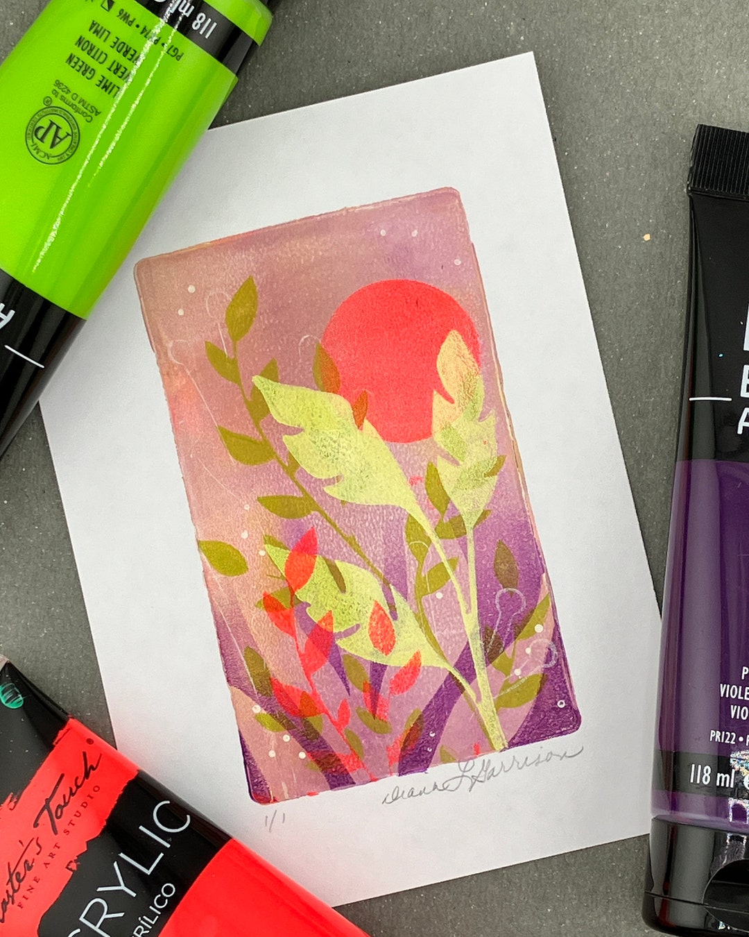 3 X 5 Original 3-color Monotype Lime Green, Fluorescent Pink, and Prism ...