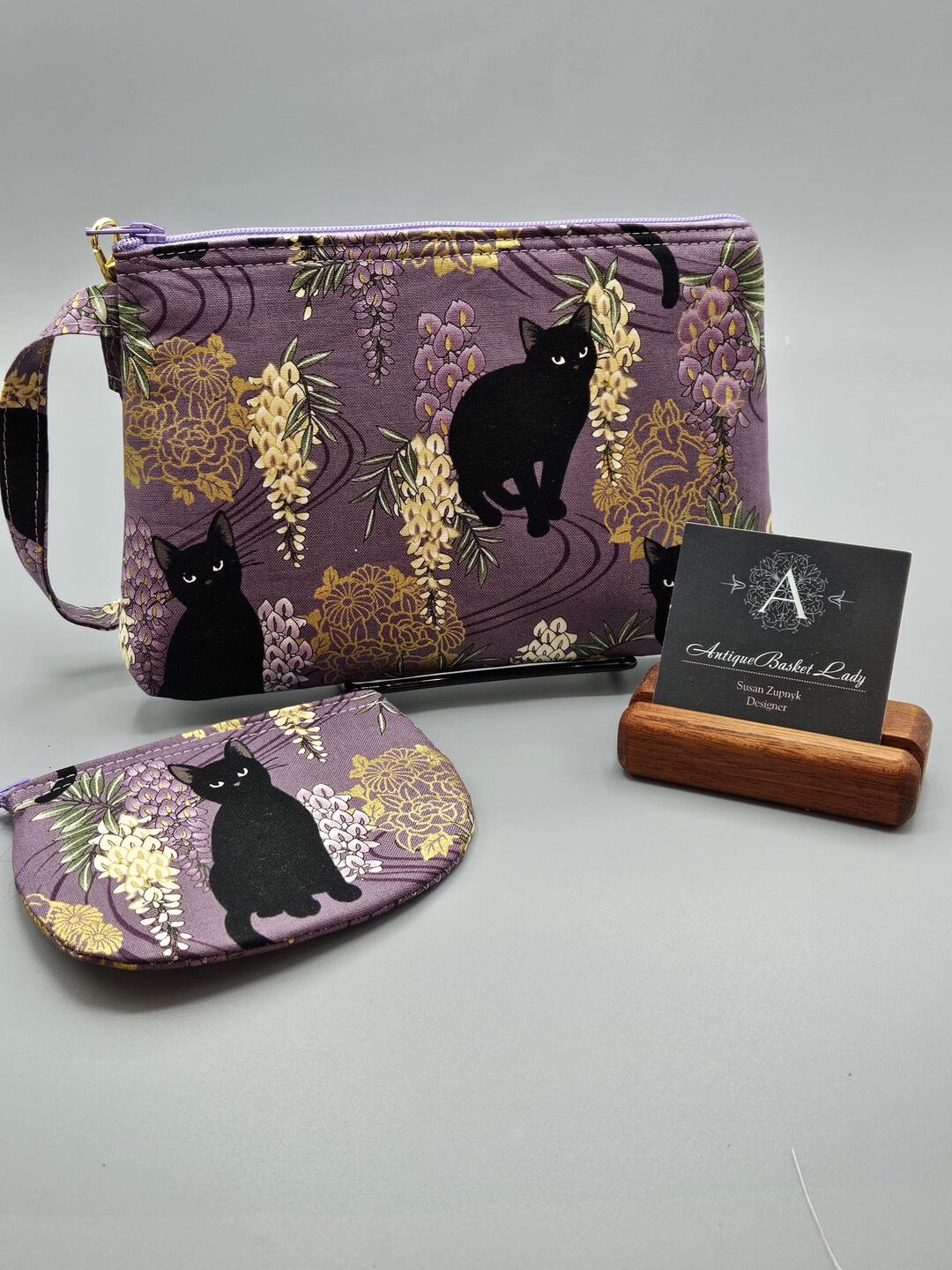 Black Cat Pouch Set Green, Black Neko Clutch, Cat Wristlet, Zipper Bag ...