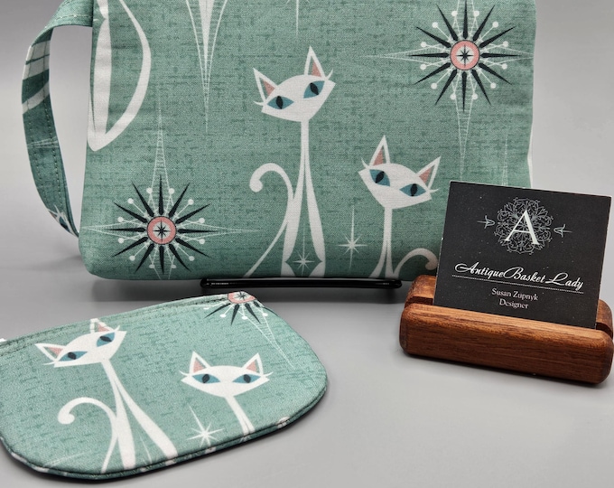Midcentury Modern Cat Pouch Set Green, Cat Clutch, Cat Wristlet, Zipper ...
