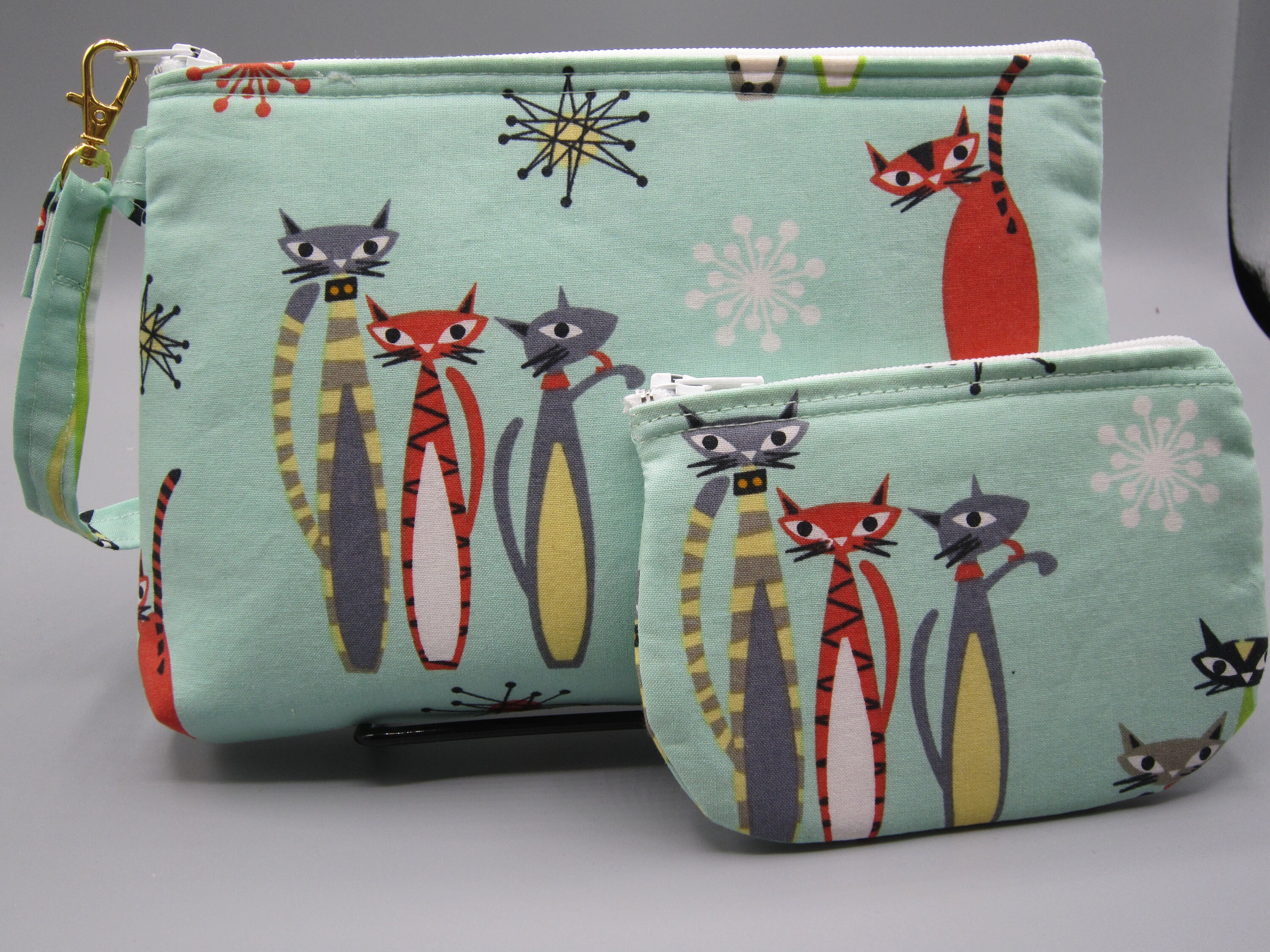 Retro Atomic Cat Pouch Set Green Cat Clutch Cat Wristlet | Etsy