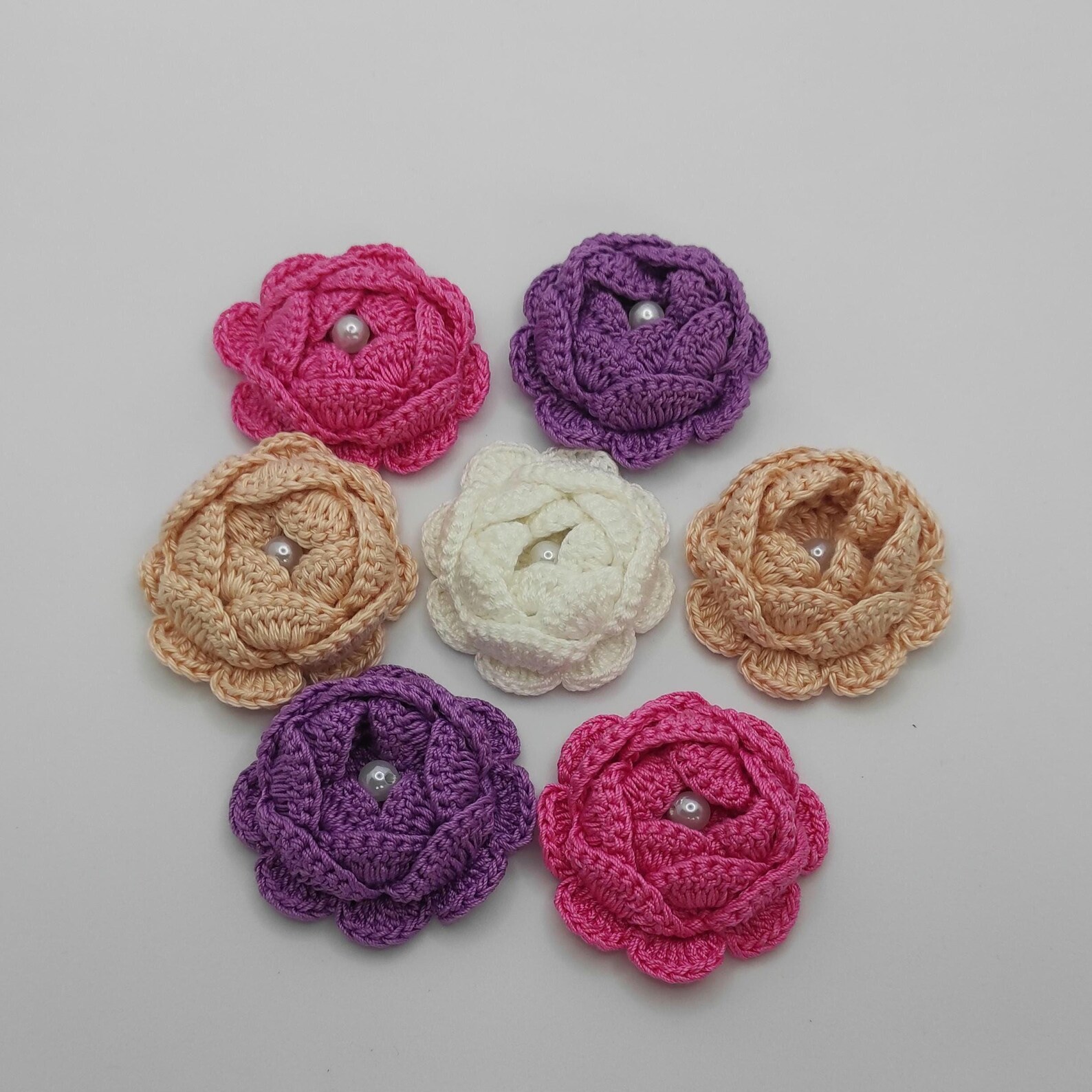Set of Crocheted Colored Roses and Green Leaves, Bright Rose Flowers ...
