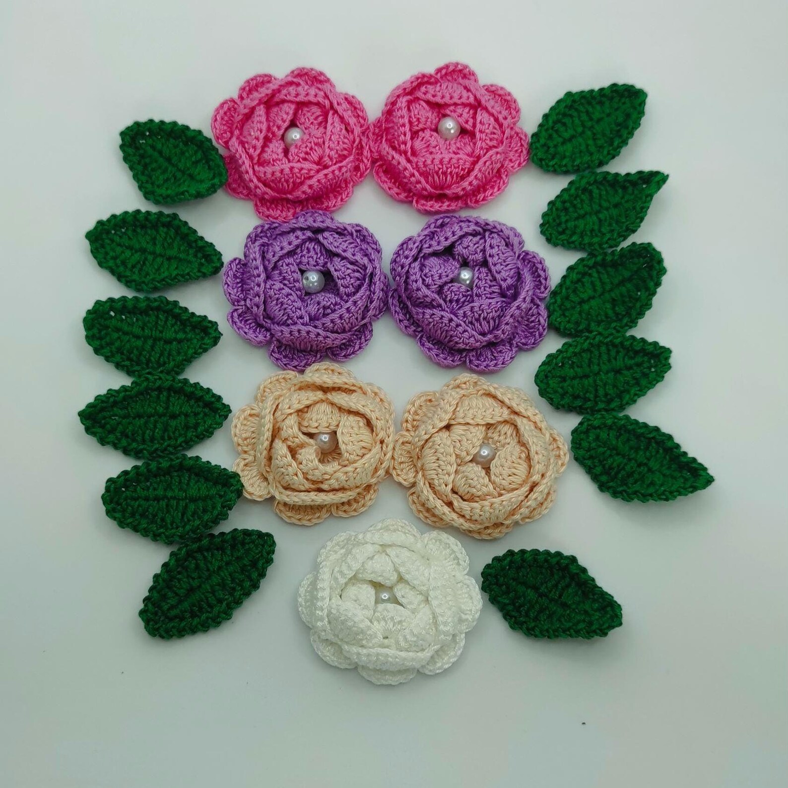 Set of Crocheted Colored Roses and Green Leaves, Bright Rose Flowers ...