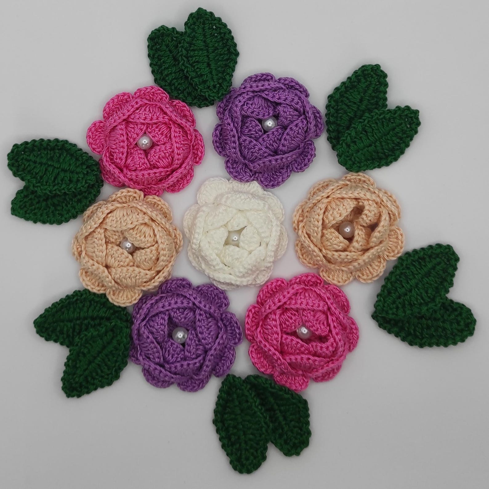 Set of Crocheted Colored Roses and Green Leaves, Bright Rose Flowers ...