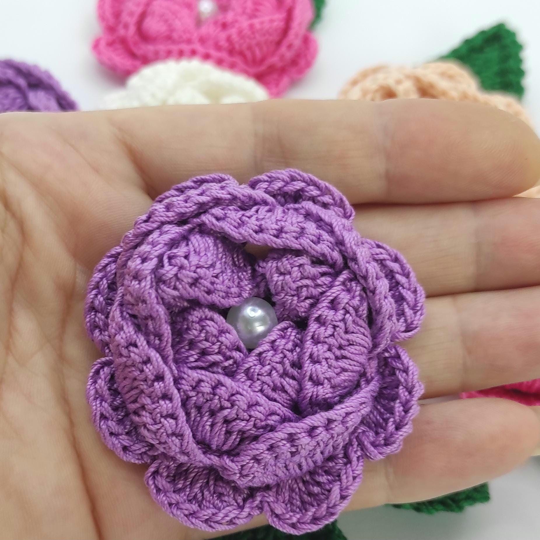 Set of Crocheted Colored Roses and Green Leaves, Bright Rose Flowers ...