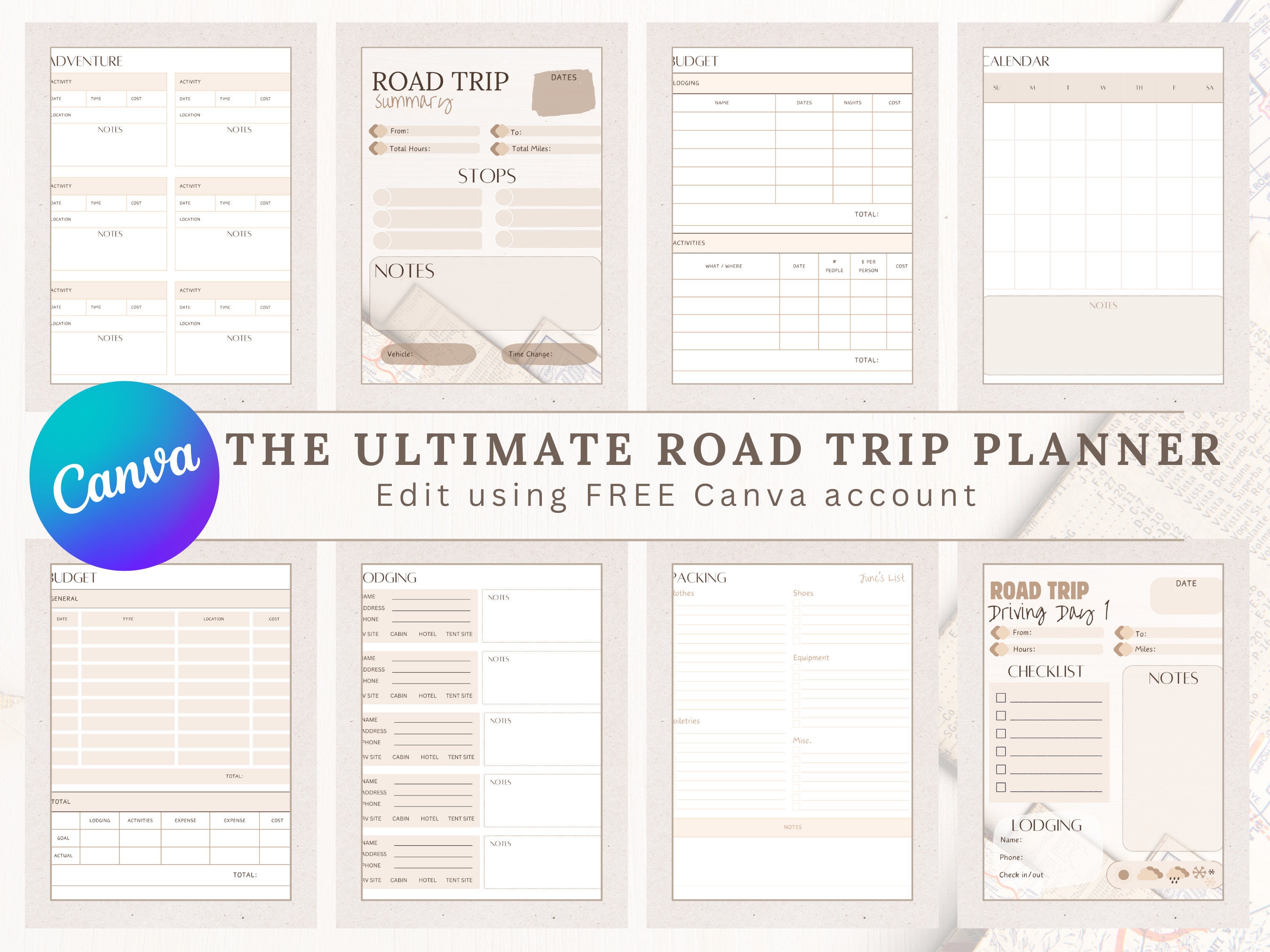 Road Trip Planner - Digital Trip Planner - Editable - Canva - Neutral ...