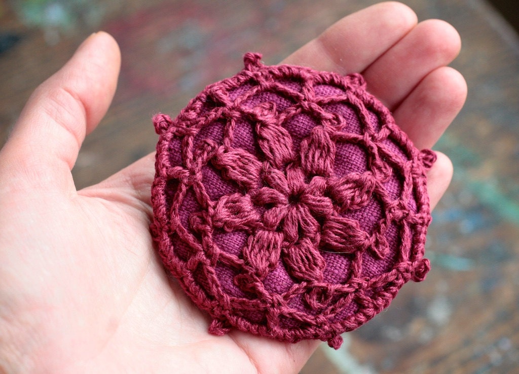 Linen crochet motif brooch badge | Etsy