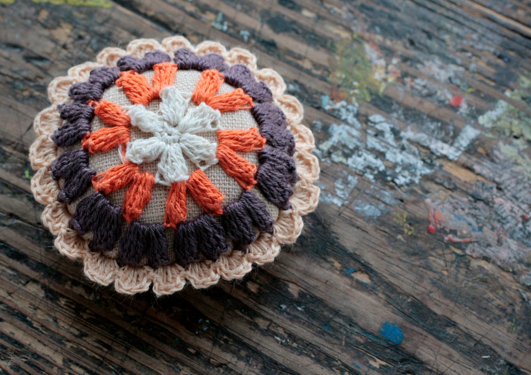 Linen Pincushion - Crochet Motif -- Round - Etsy
