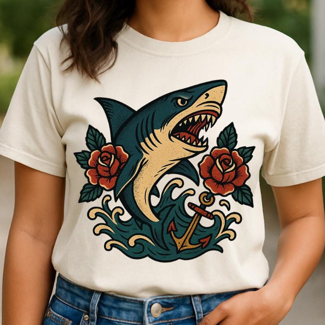 Great White Shark PNG, Vintage Shark Tattoo Clipart With Roses & Anchor ...
