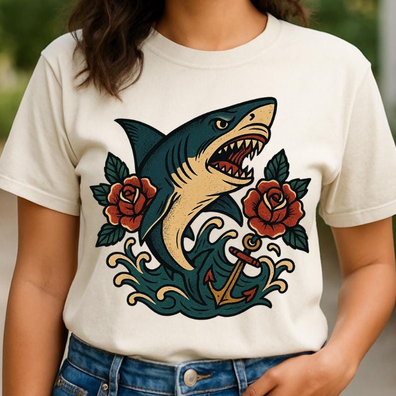 Vintage Shark Tattoo PNG, Roses, Anchor, POD Design (digital Download ...