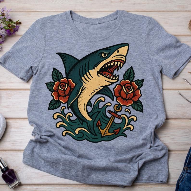 Vintage Shark Tattoo PNG, Roses, Anchor, POD Design (digital Download ...