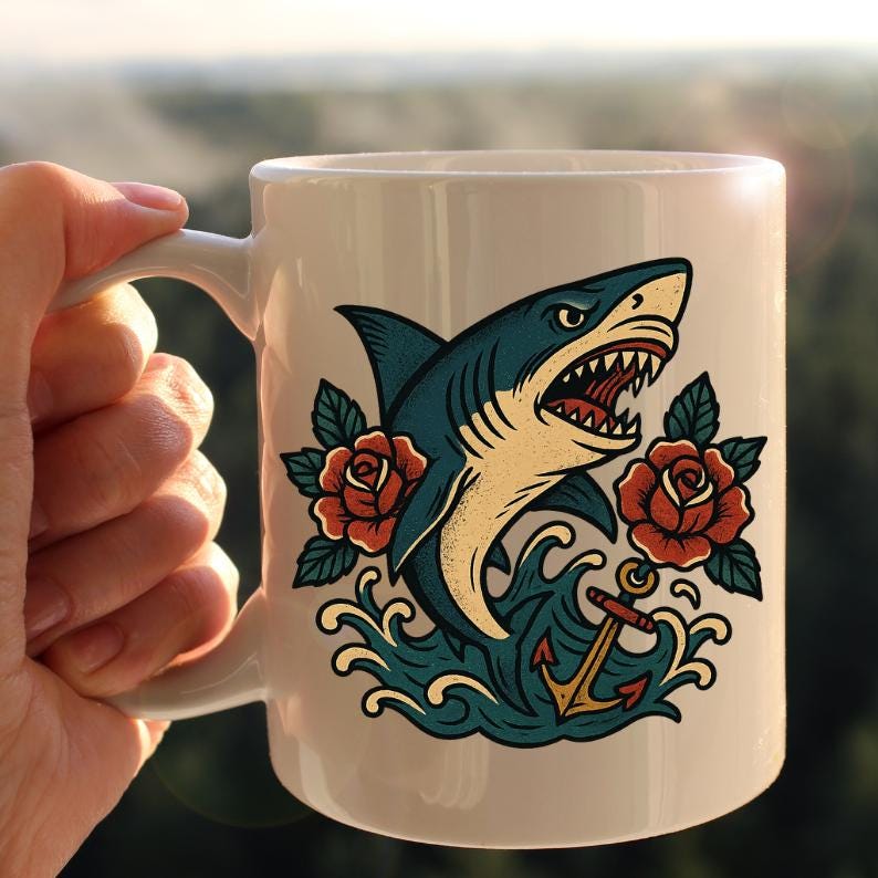 Vintage Shark Tattoo PNG, Roses, Anchor, POD Design (digital Download ...