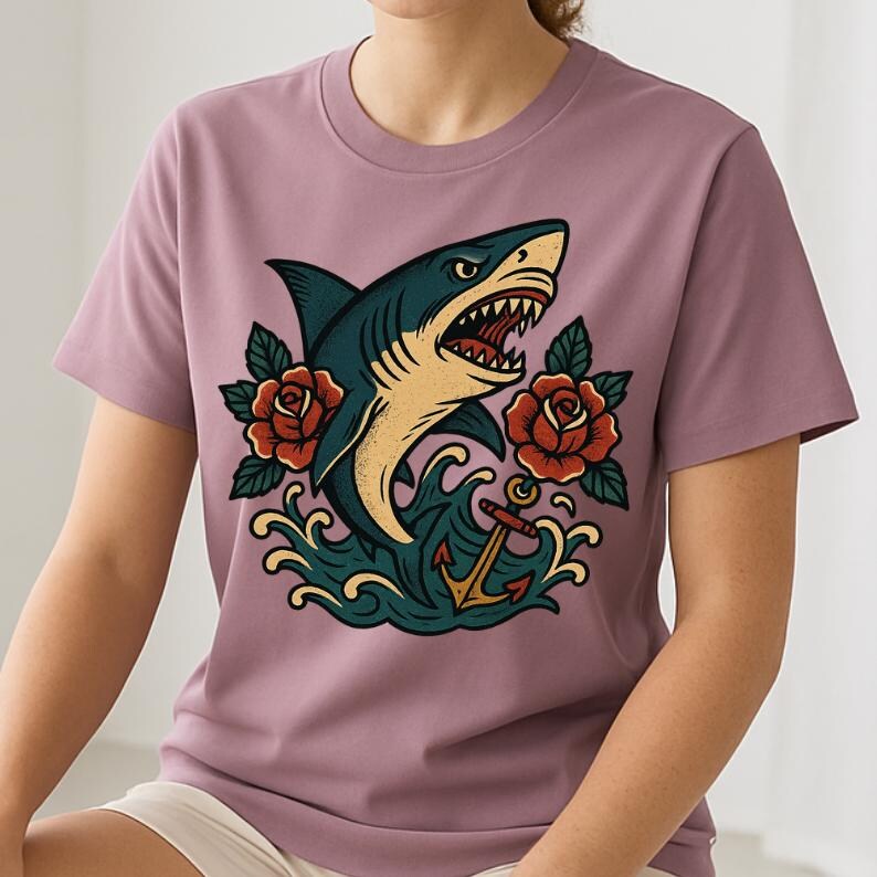 Vintage Shark Tattoo PNG, Roses, Anchor, POD Design (digital Download ...