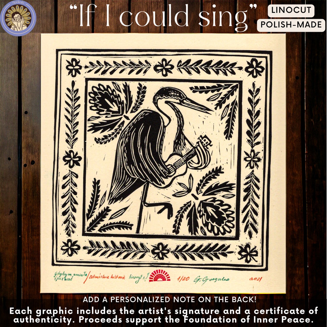 Bird Linocut Print Original, Hygge Decor, Stork Gift for Polish Mom ...