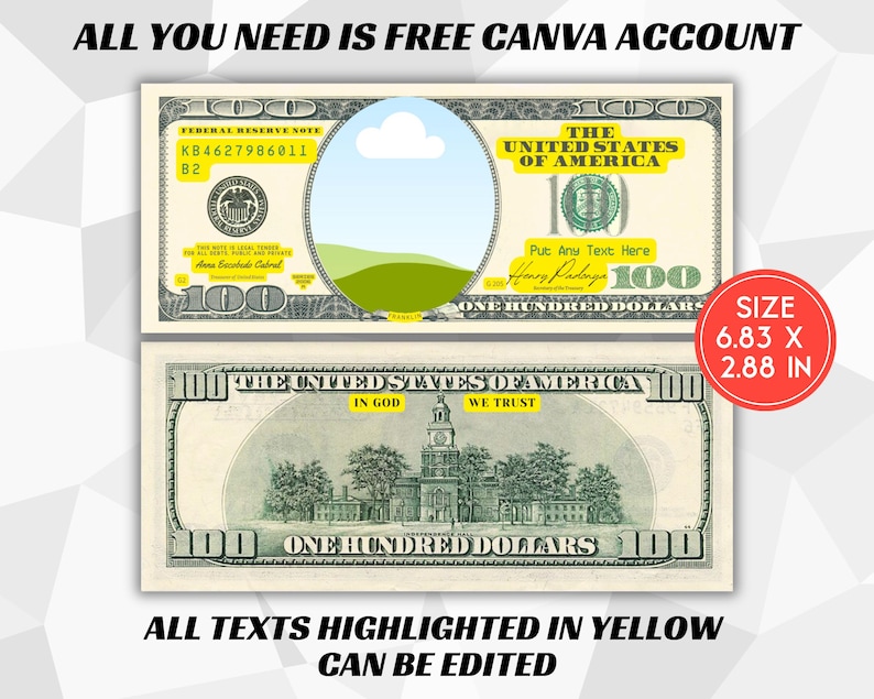 Personalized 100 Dollar Bill Template, Editable Dollar Bill, Face on ...