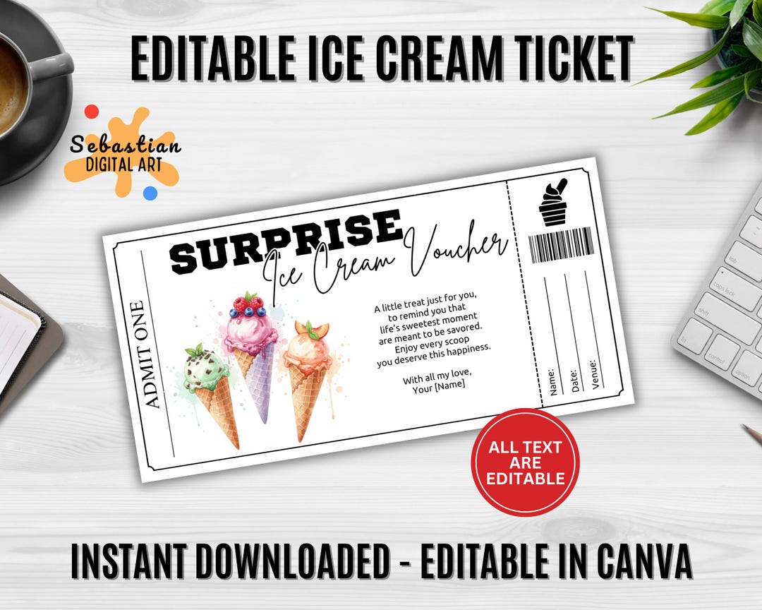 Editable Ice Cream Voucher Ticket | Printable Dessert Gift Certificate ...