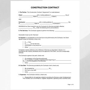Construction Contract , Construction Template, Handyman, Contract Template, Contractor Agreement ...