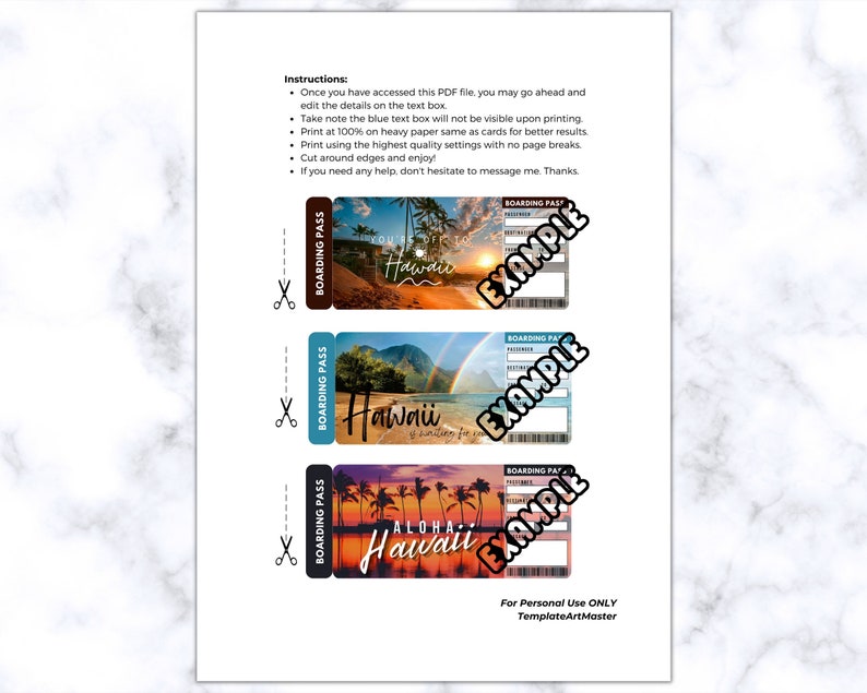 Printable HAWAII Surprise Trip Gift Ticket. Boarding Pass. Printable ...