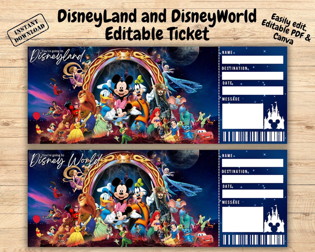 Surprise Disneyland Ticket, Disneyworld Ticket, Editable Ticket ...