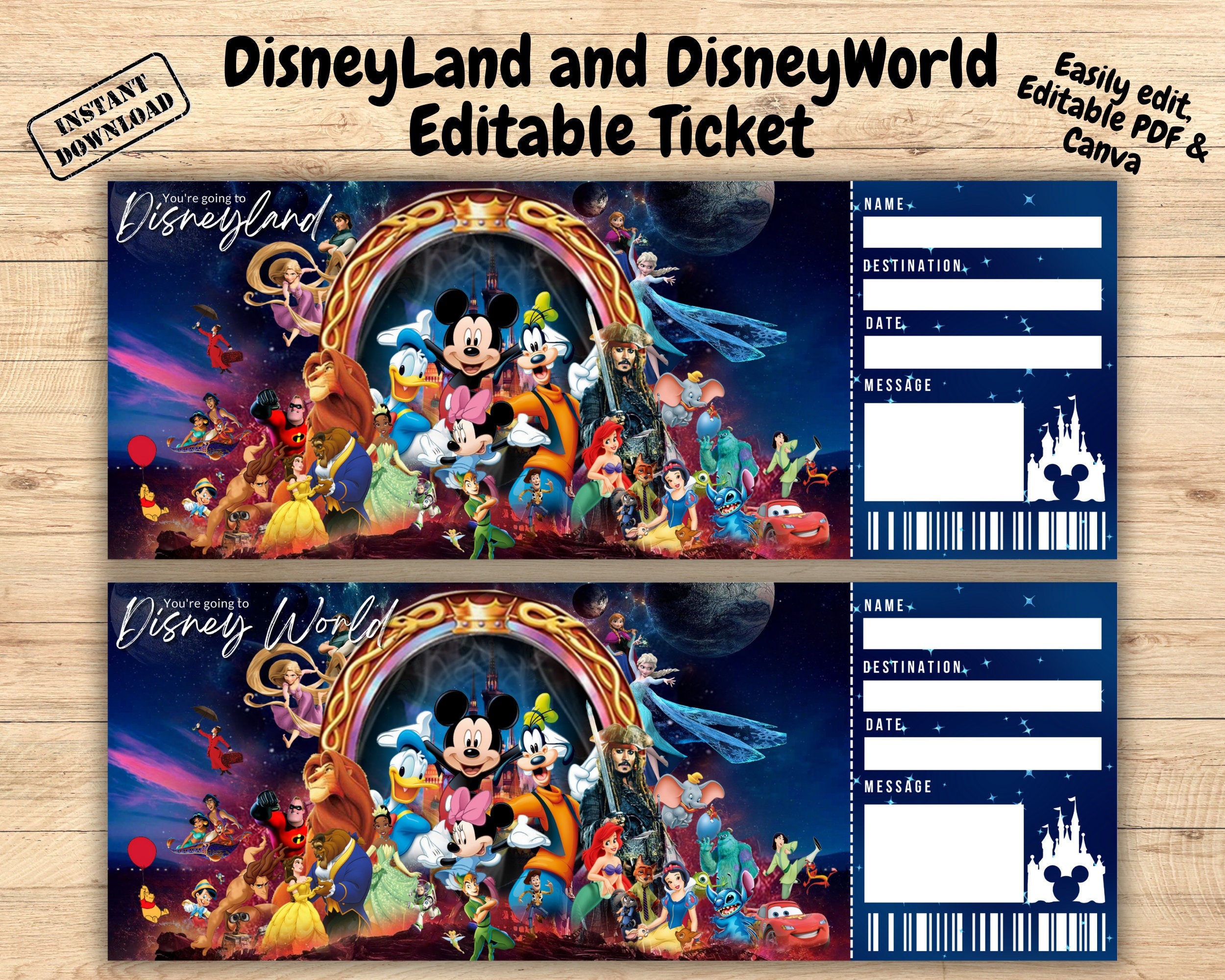 Surprise Disneyland Ticket, Disneyworld Ticket, Editable Ticket ...