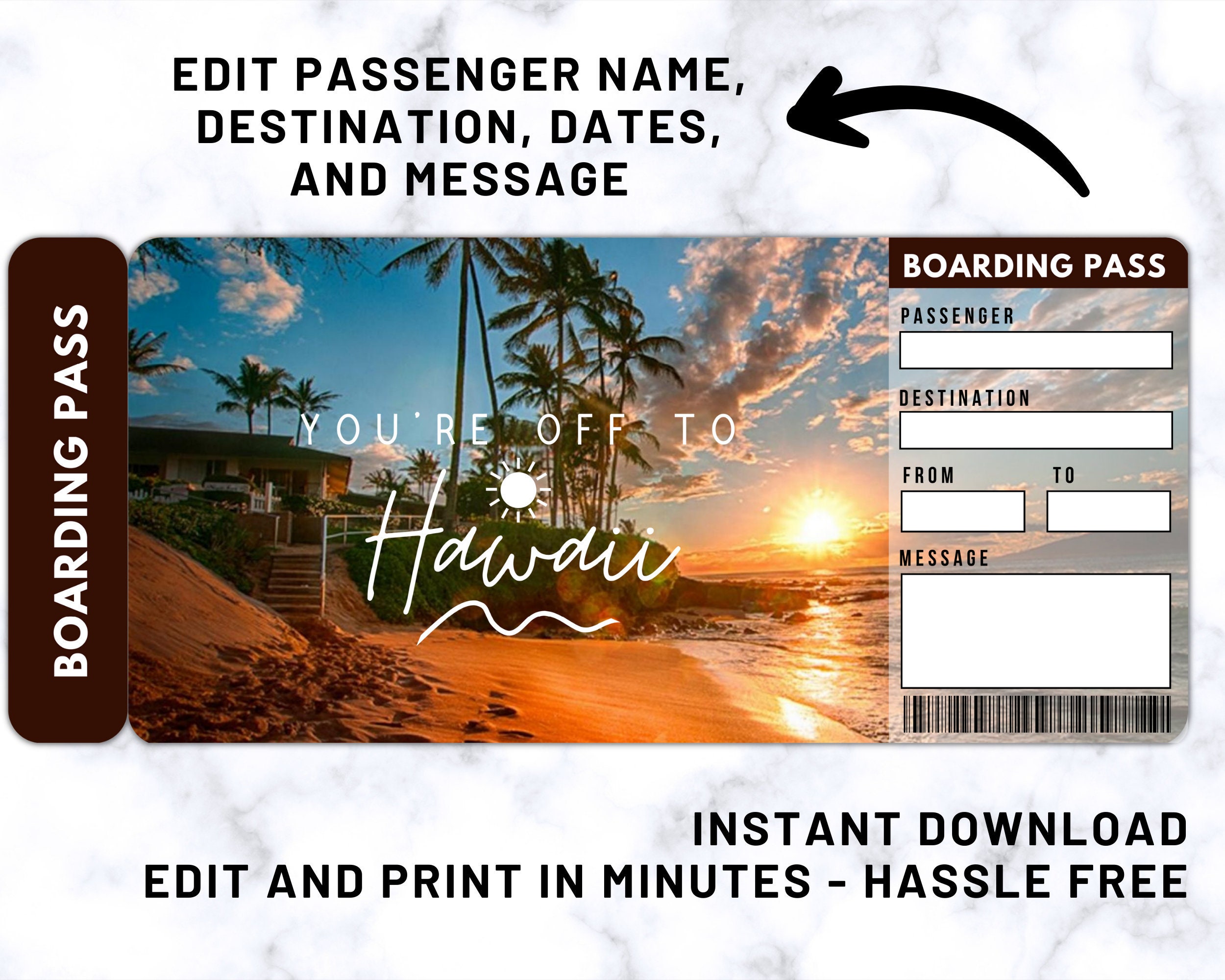 Printable HAWAII Surprise Trip Gift Ticket. Boarding Pass. Printable ...