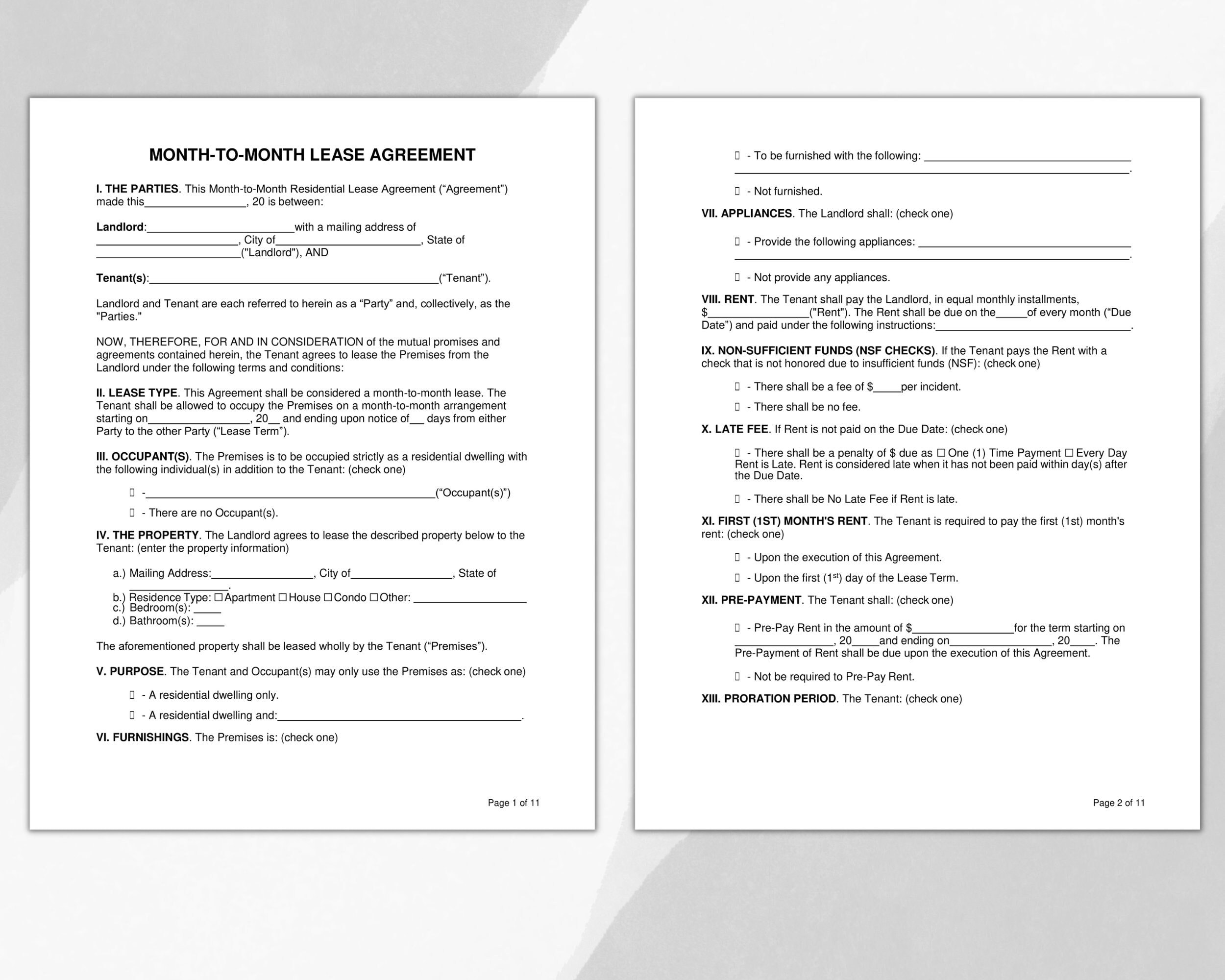 Month to Month Rental Agreement, Monthly Rental Agreement, Month to ...