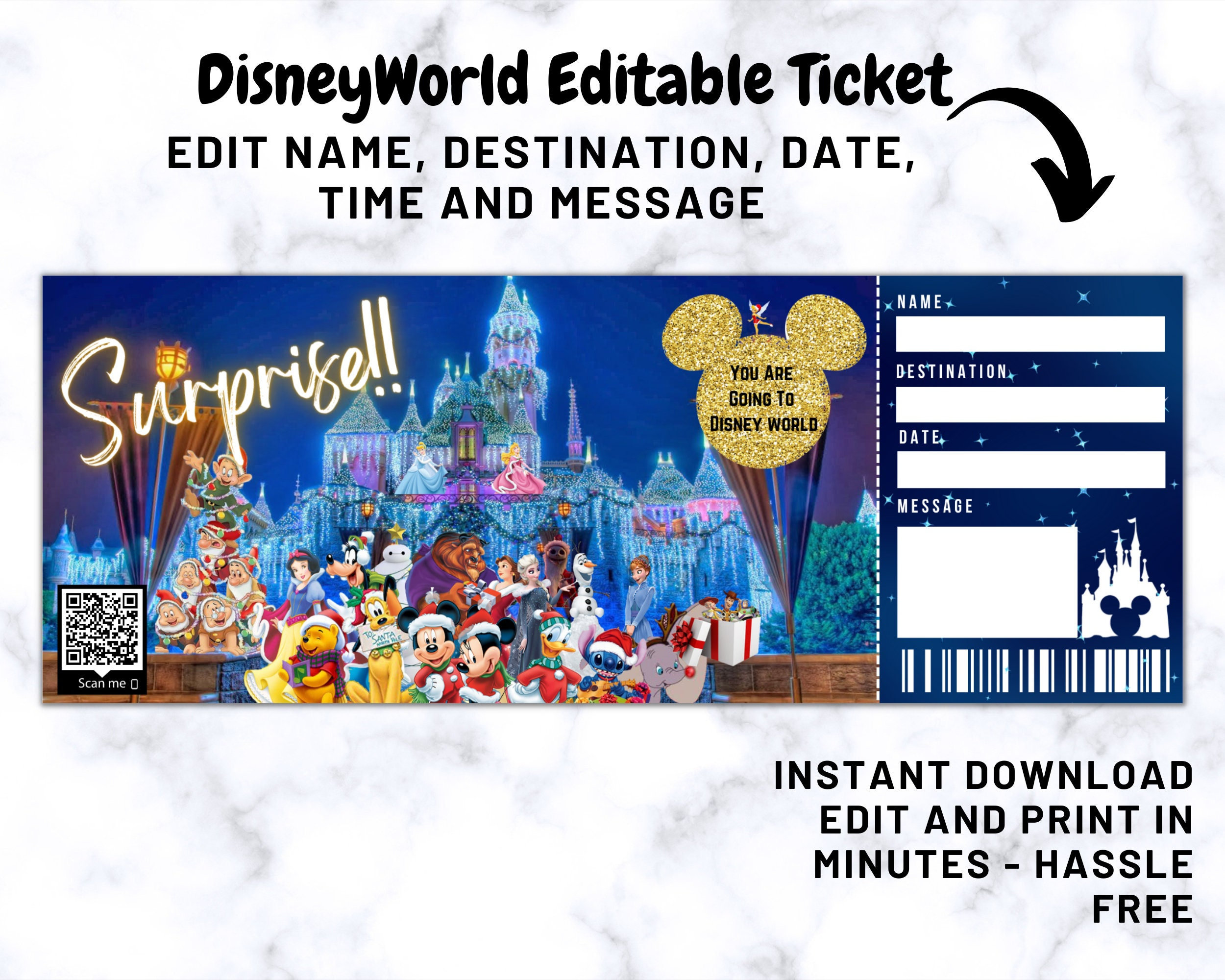 Surprise Disneyland Ticket, Disneyworld Ticket, Editable Ticket ...