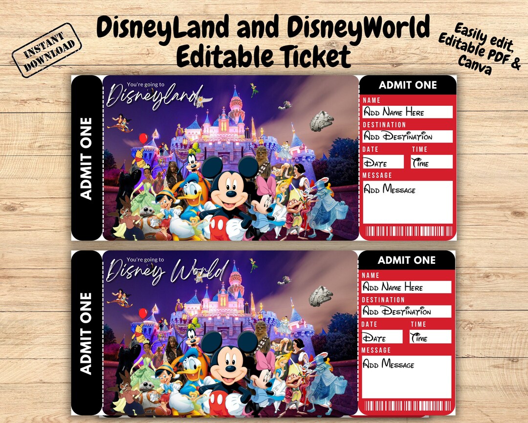 Surprise Disneyland Ticket, Disneyworld Ticket, Editable Ticket ...