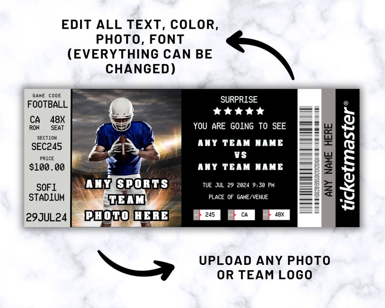 Editable Football Ticket, Football Ticket Gift, Sport Tickets, Football ...