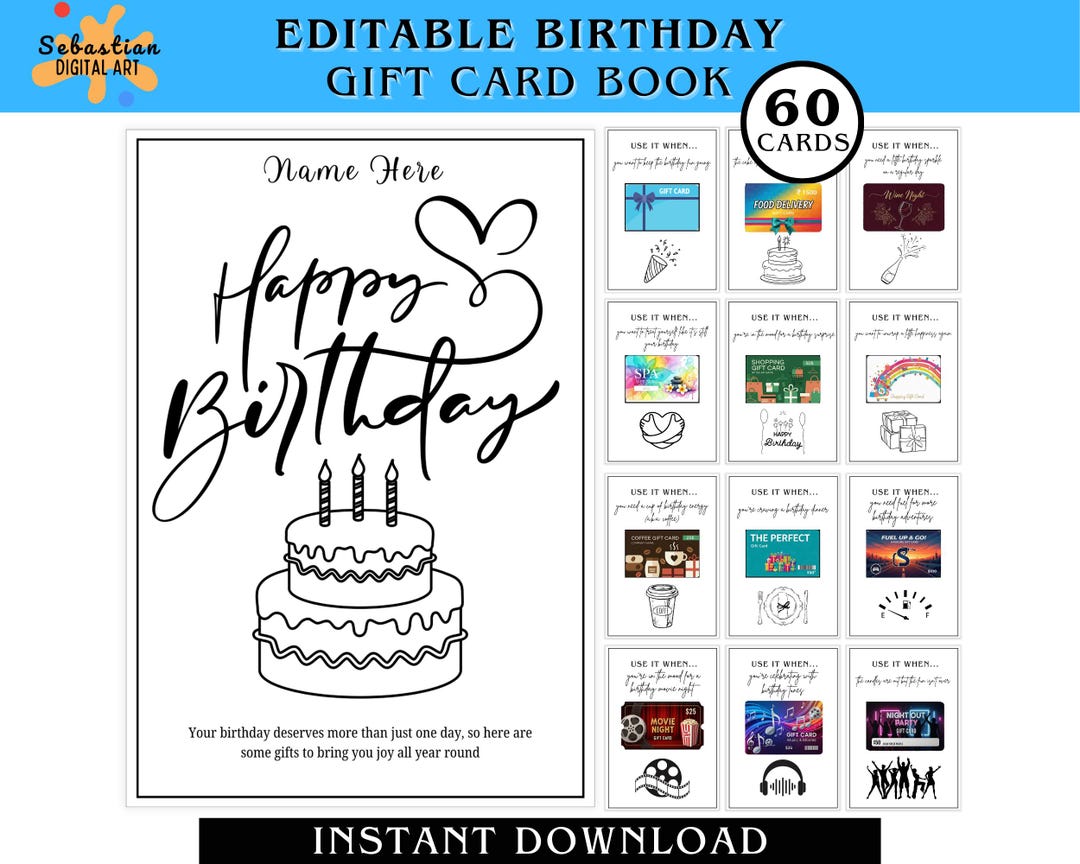 Editable Birthday Gift Card Book Last Minute Birthday Gift Adult ...