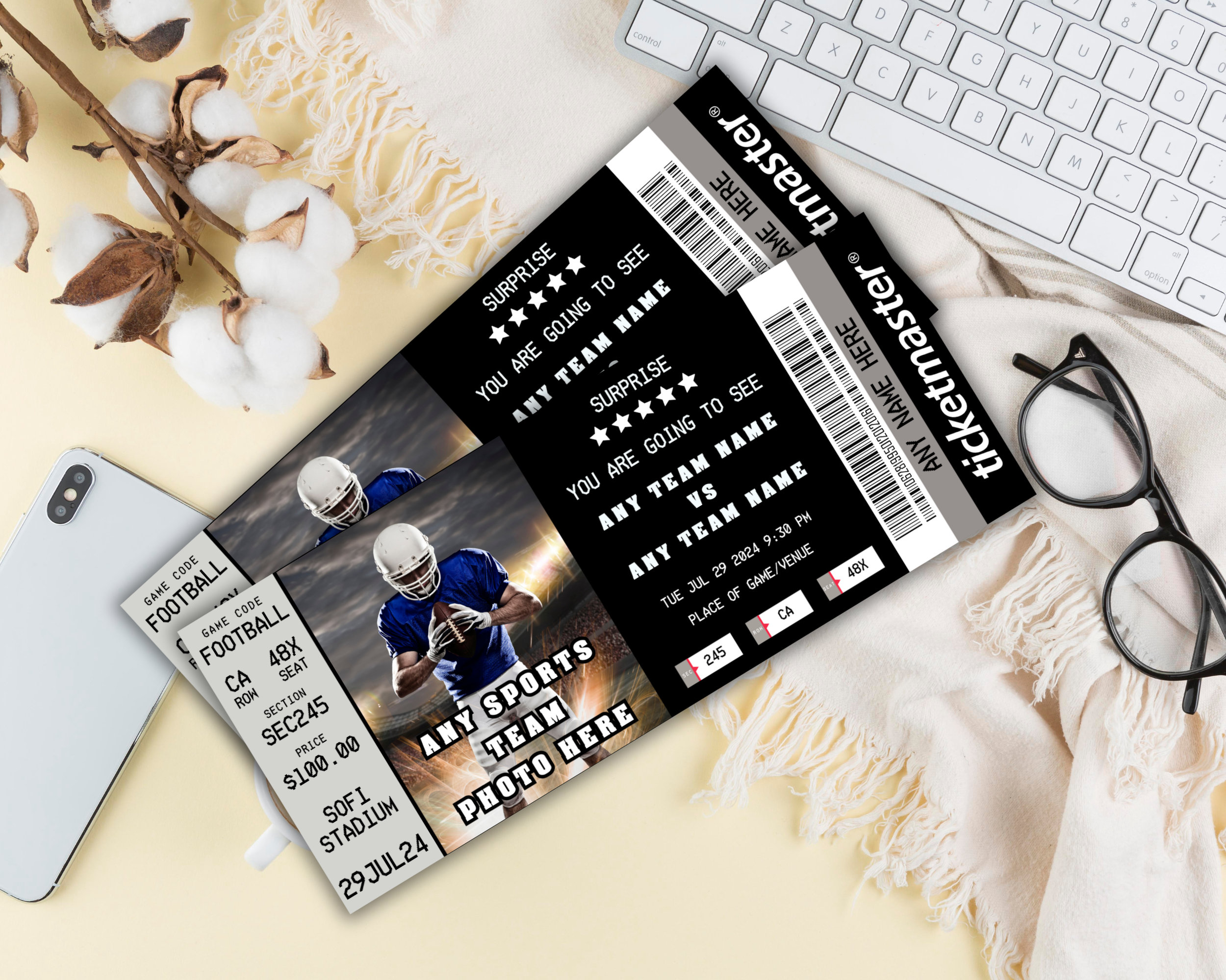 Editable Football Ticket, Football Ticket Gift, Sport Tickets, Football ...