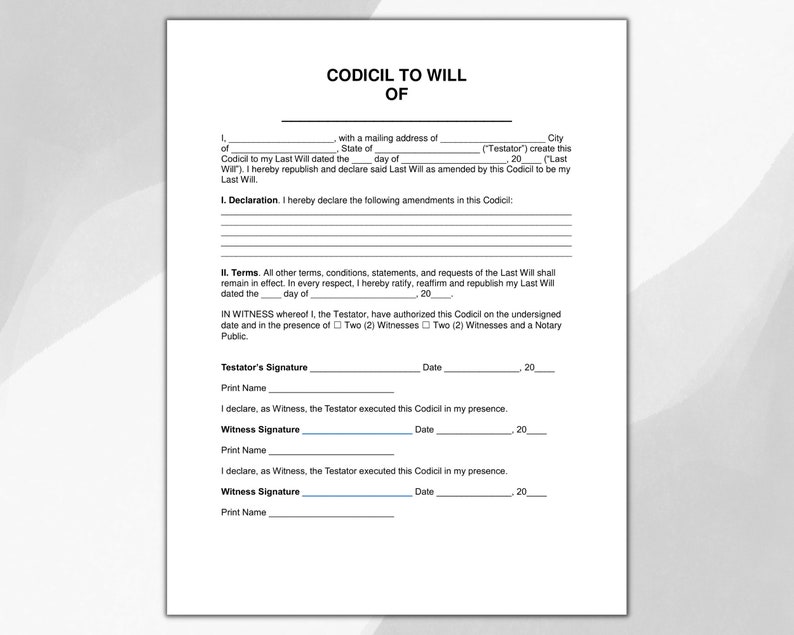 Will Codicil, Will Codicil Form, Will Codicil Templates, Last Will and ...