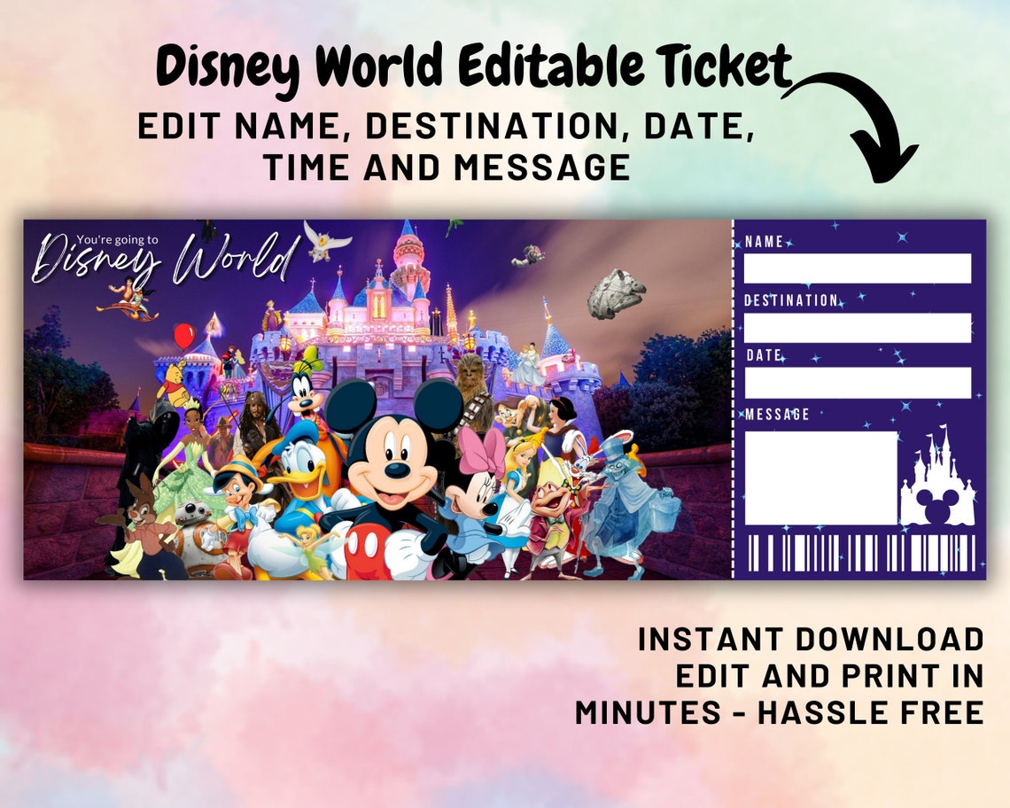 Surprise Disneyland Ticket, Disneyworld Ticket, Editable Ticket ...