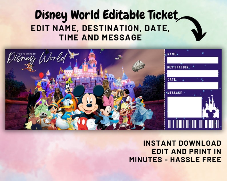 Surprise Disneyland Ticket, Disneyworld Ticket, Editable Ticket ...