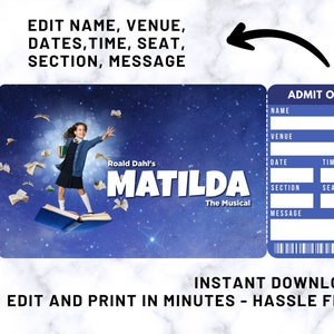 Printable Matilda Broadway Surprise Ticket, Matilda Ticket, Matilda the Musical Collectible ...