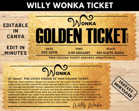 Editable Printable Wonka Golden Ticket Willy Wonka Replica Prop Set