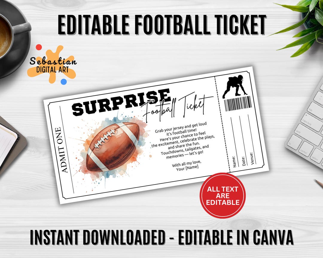Editable Football Ticket, Soccer Tickets, Surprise Gift, Editable ...