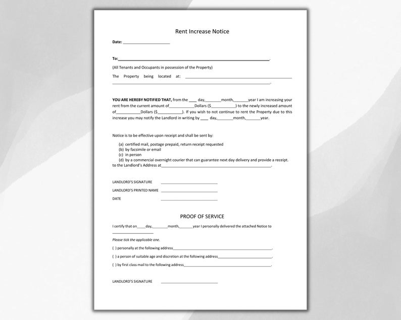 Rent Increase Notice, Editable Notice of Rent Increase Template ...