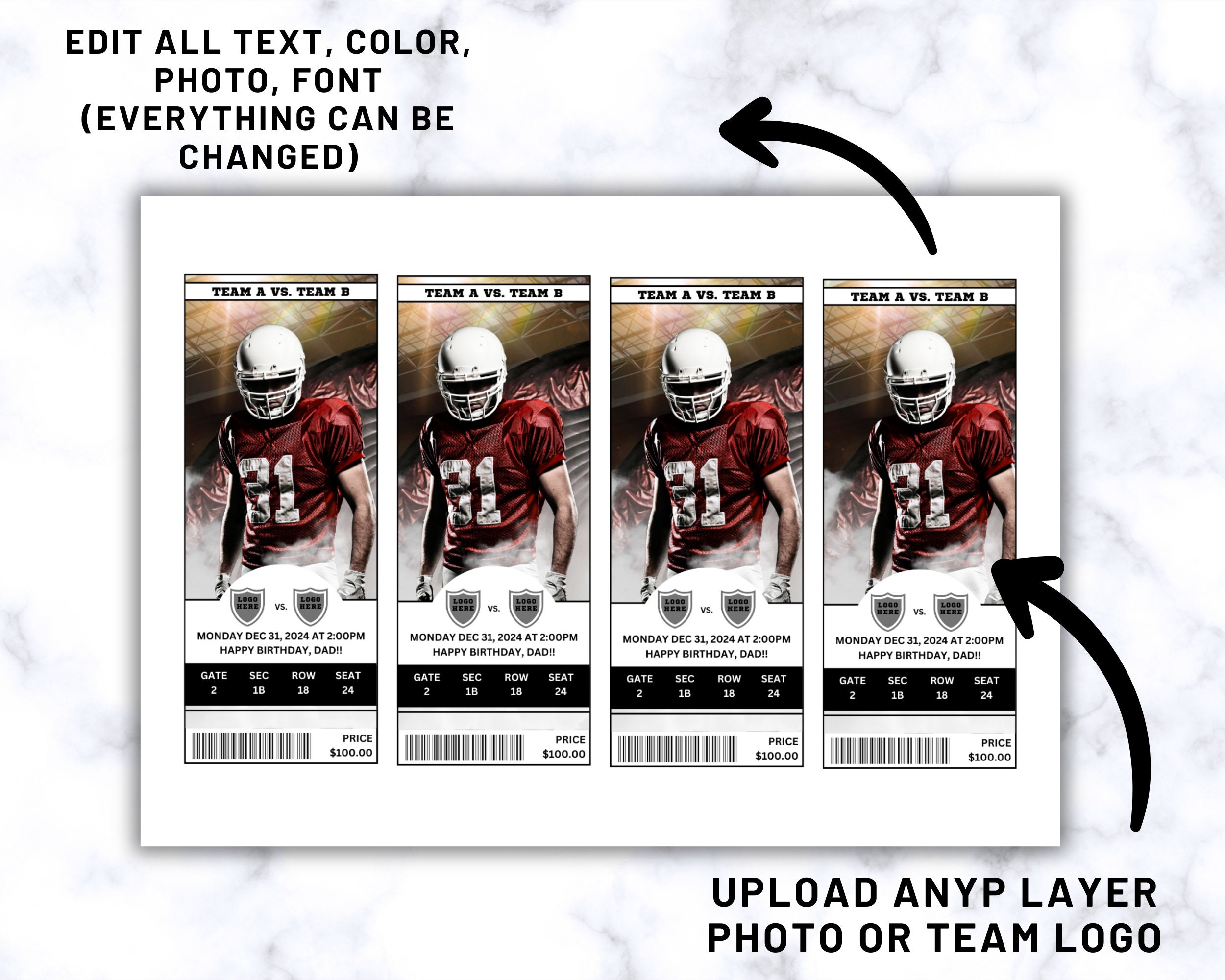 Editable Football Ticket, Football Ticket Gift, Sport Tickets, Football ...